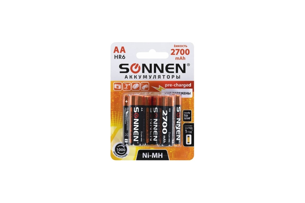 Аккумуляторные батарейки SONNEN комплект 6 шт., AA (hr6), 2700 mah, ni ...