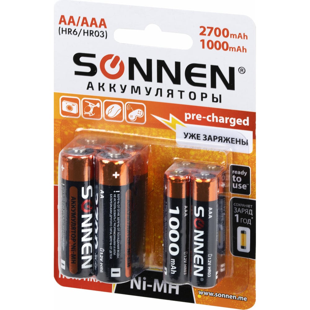 Аккумуляторные батарейки SONNEN ni-mh пальчиковые/мизинчиковые набор 8 ...