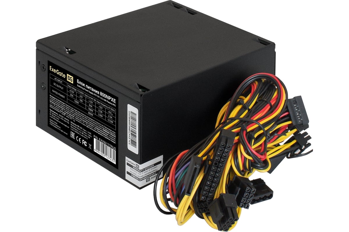 Блок питания ExeGate 800W 800NPXE ATX, PPFC, PC, 12cm fan, 24pin, 4+4pin, 2xPCI-E, 5xSATA, 3xIDE ...