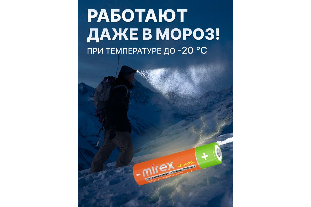 Аккумулятор Mirex, Ni-MH HR03 / AAA 1000mAh 1,2V 2 шт ecopack 23702 ...