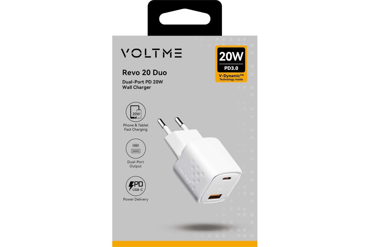 СЗУ VOLTME Revo 20CA Duo USB-C+USB-A, 20W, PD3.0, QC3.0, белый V2327 ...