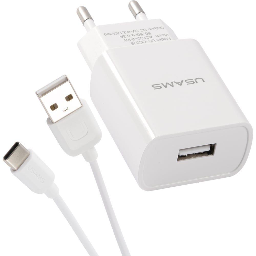 Сетевое зарядное устройство USAMS 1 USB T18 2,1A + кабель Type-C 1m ...