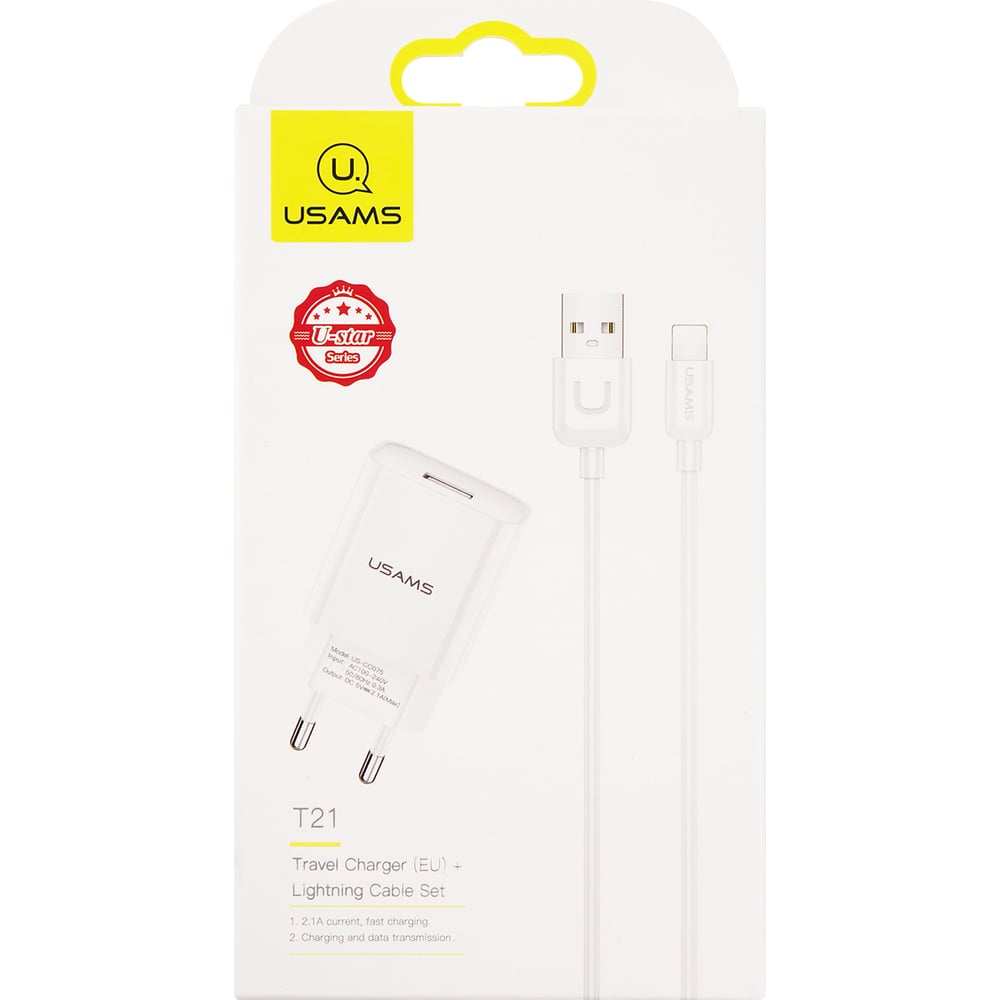 Сетевое зарядное устройство USAMS 1 USB T18 2,1A + кабель Lightning 1m ...