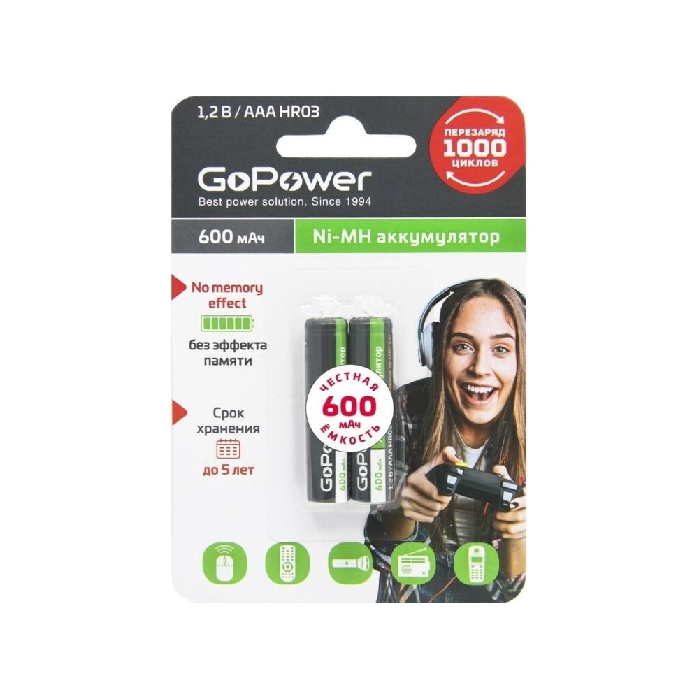 Бытовой аккумулятор GoPower HR03 AAA BL2 NI-MH 600mAh 00-00015315 ...
