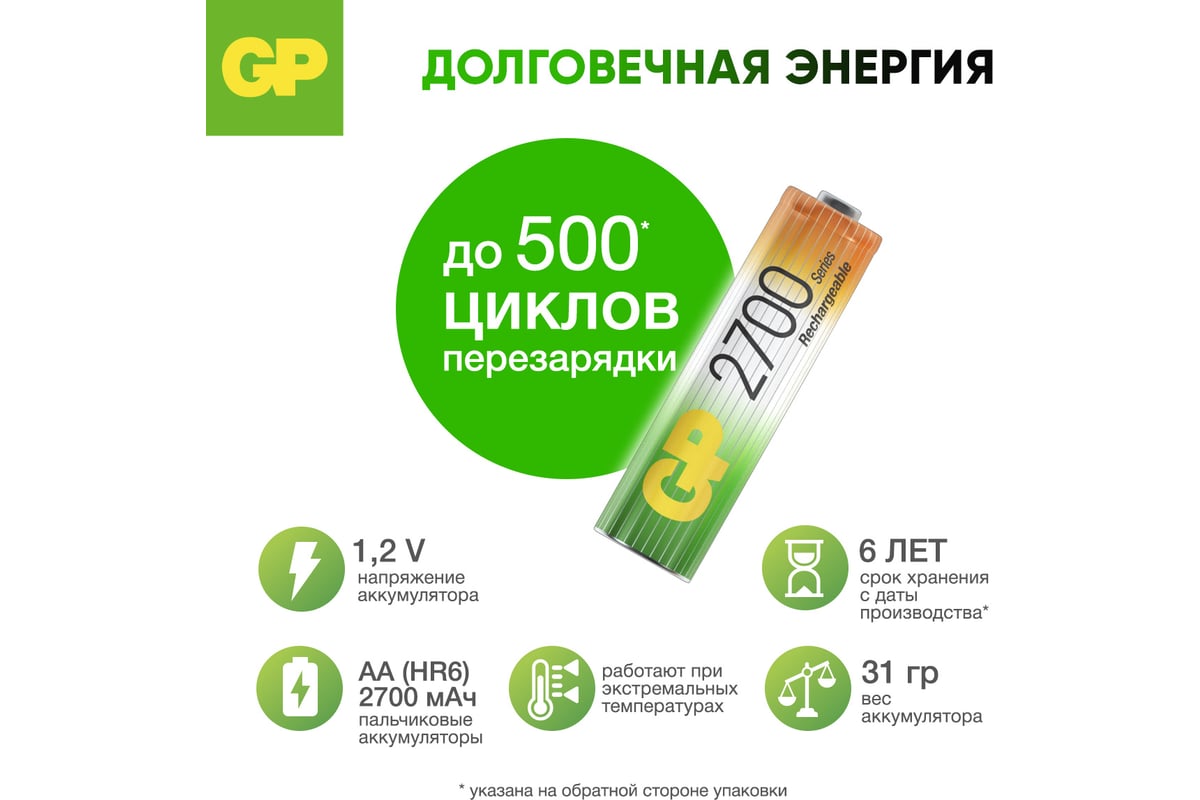 Акк. Бат. аа пальчиковые GP hr6 2700 mah/мач ni-mh 18 шт в упак 270AAHC ...