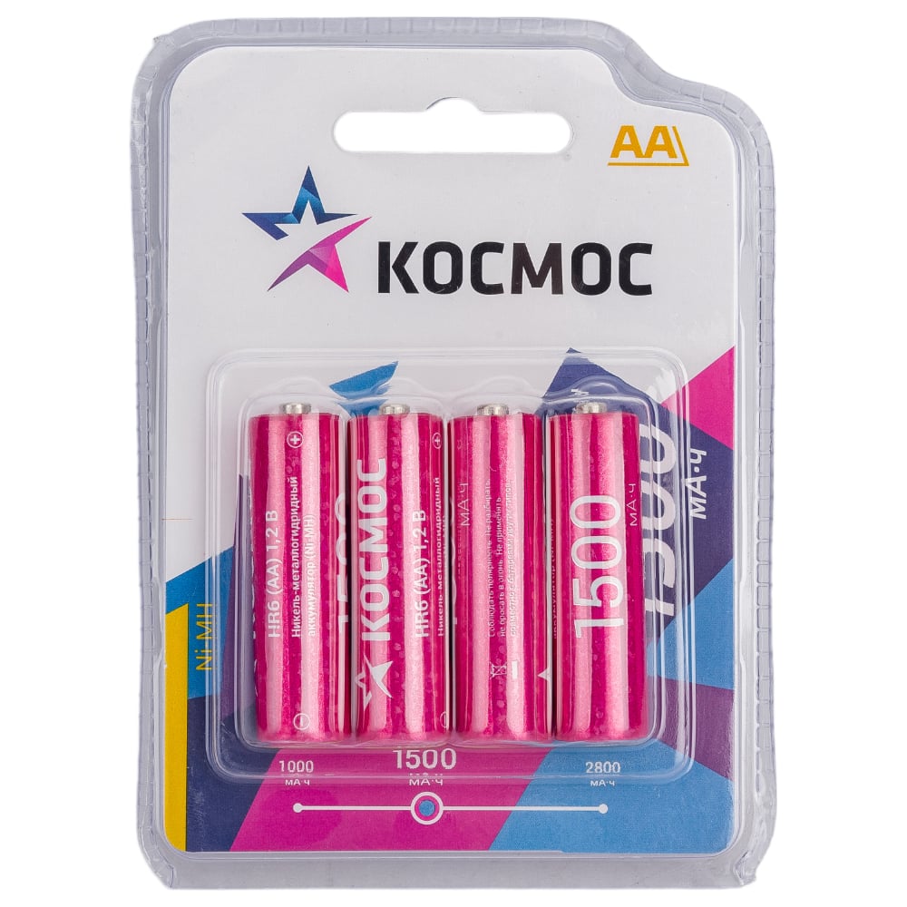 Аккумулятор КОСМОС 1500мАч R6 (AA) NiMH 4BL, KOCR6NIMH1500mAh4BL ...