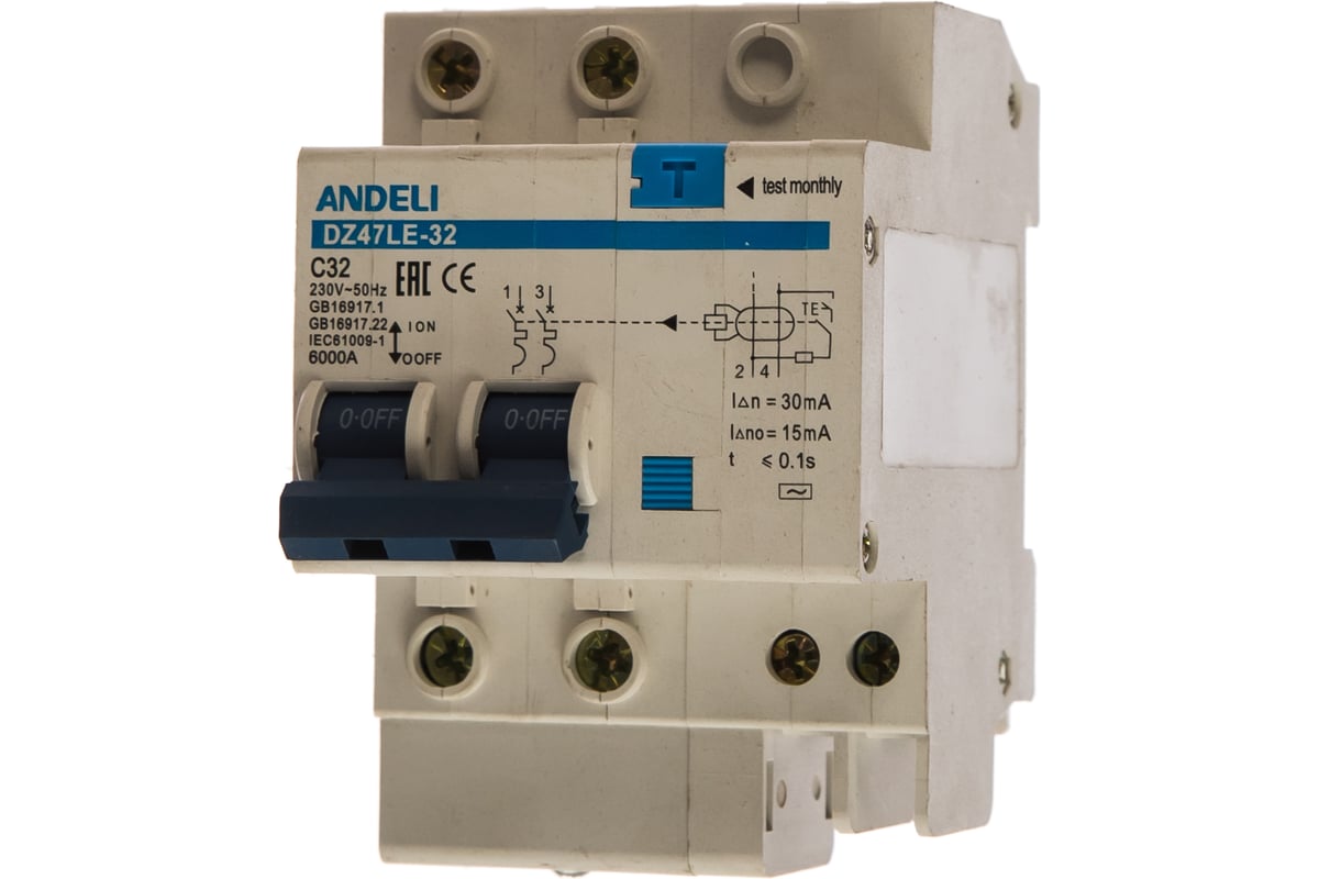 Дифференциальный автомат ANDELI DZ47LE-32 2P 32A 30mA тип AC х-ка С ADL02-005 - выгодная цена ...