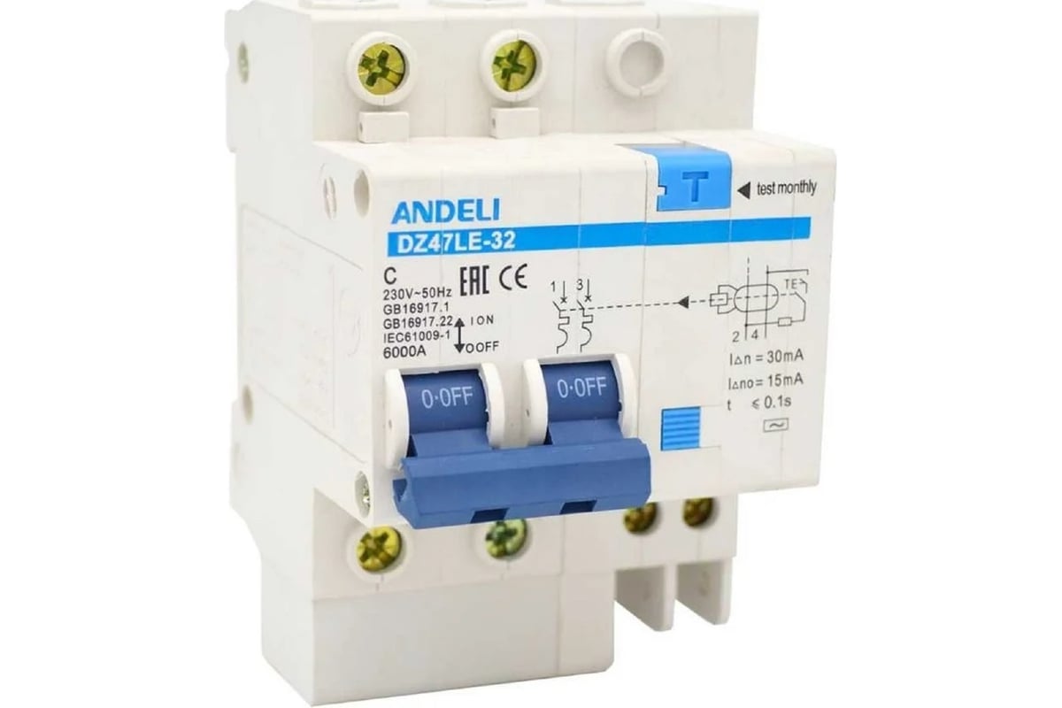 Дифференциальный автоматический выключатель ANDELI DZ47LE-32 2P 25A 30mA тип AC тип С ADL02-004 ...