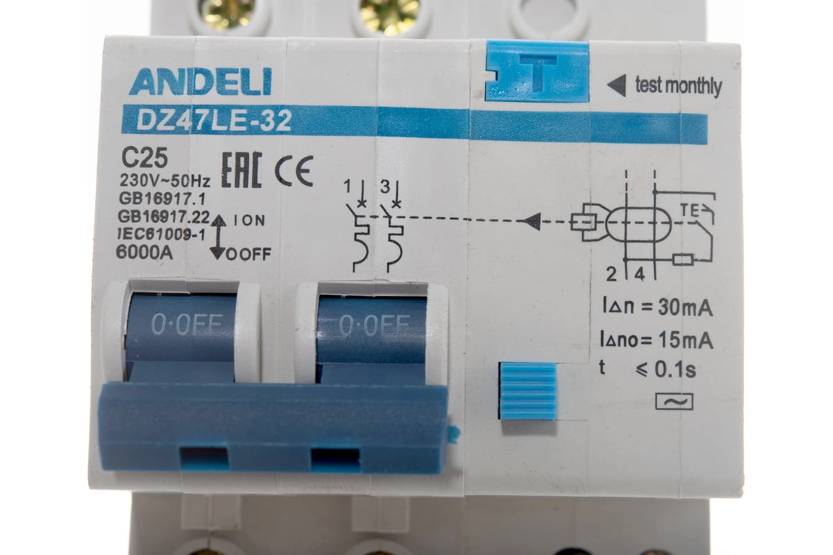 Дифференциальный автоматический выключатель ANDELI DZ47LE-32 2P 25A 30mA тип AC тип С ADL02-004 ...
