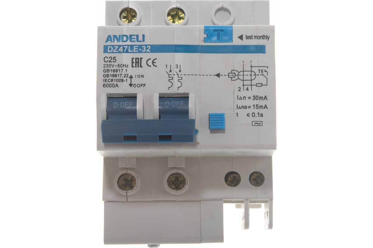 Дифференциальный автоматический выключатель ANDELI DZ47LE-32 2P 25A 30mA тип AC тип С ADL02-004 ...