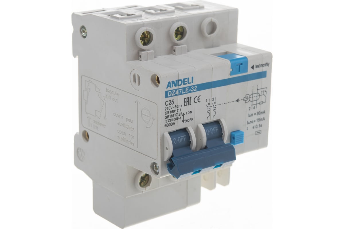 Дифференциальный автоматический выключатель ANDELI DZ47LE-32 2P 25A 30mA тип AC тип С ADL02-004 ...
