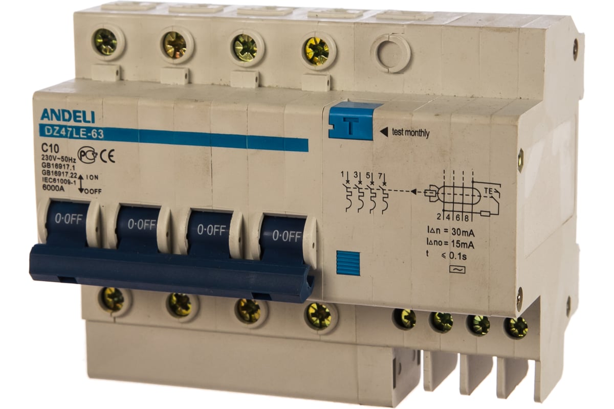 Дифференциальный автомат ANDELI DZ47LE-63 4P 10A 30mA тип AC х-ка С ADL02-009 - выгодная цена ...