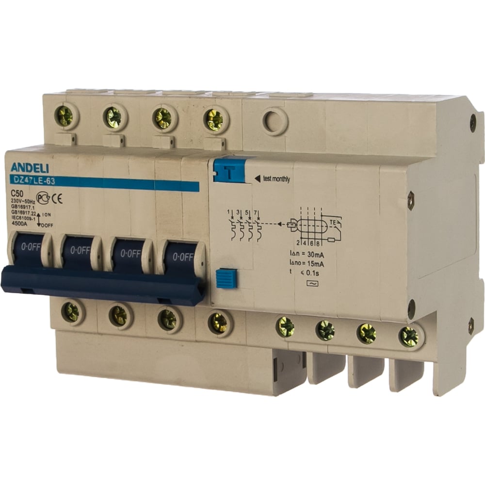 Дифференциальный автомат ANDELI DZ47LE-63 4P 50A 30mA тип AC х-ка С ADL02-015 - выгодная цена ...