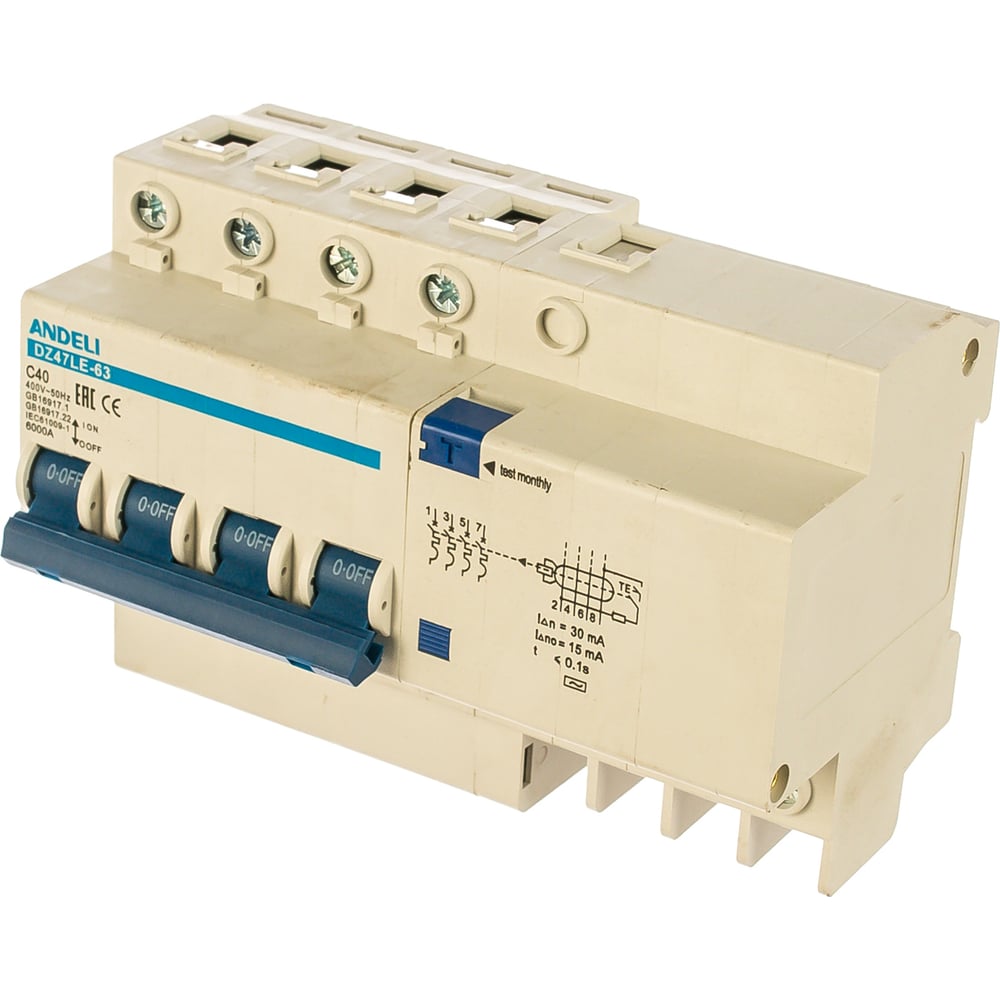 Дифференциальный автомат ANDELI DZ47LE-63 4P 40A 30mA тип AC х-ка С ADL02-014 - выгодная цена ...