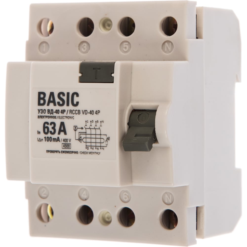 Устройство защитного отключения EKF ВД-40, 4P, 63А/100мА, электронное, Basic elcb-4-63-100e-sim ...
