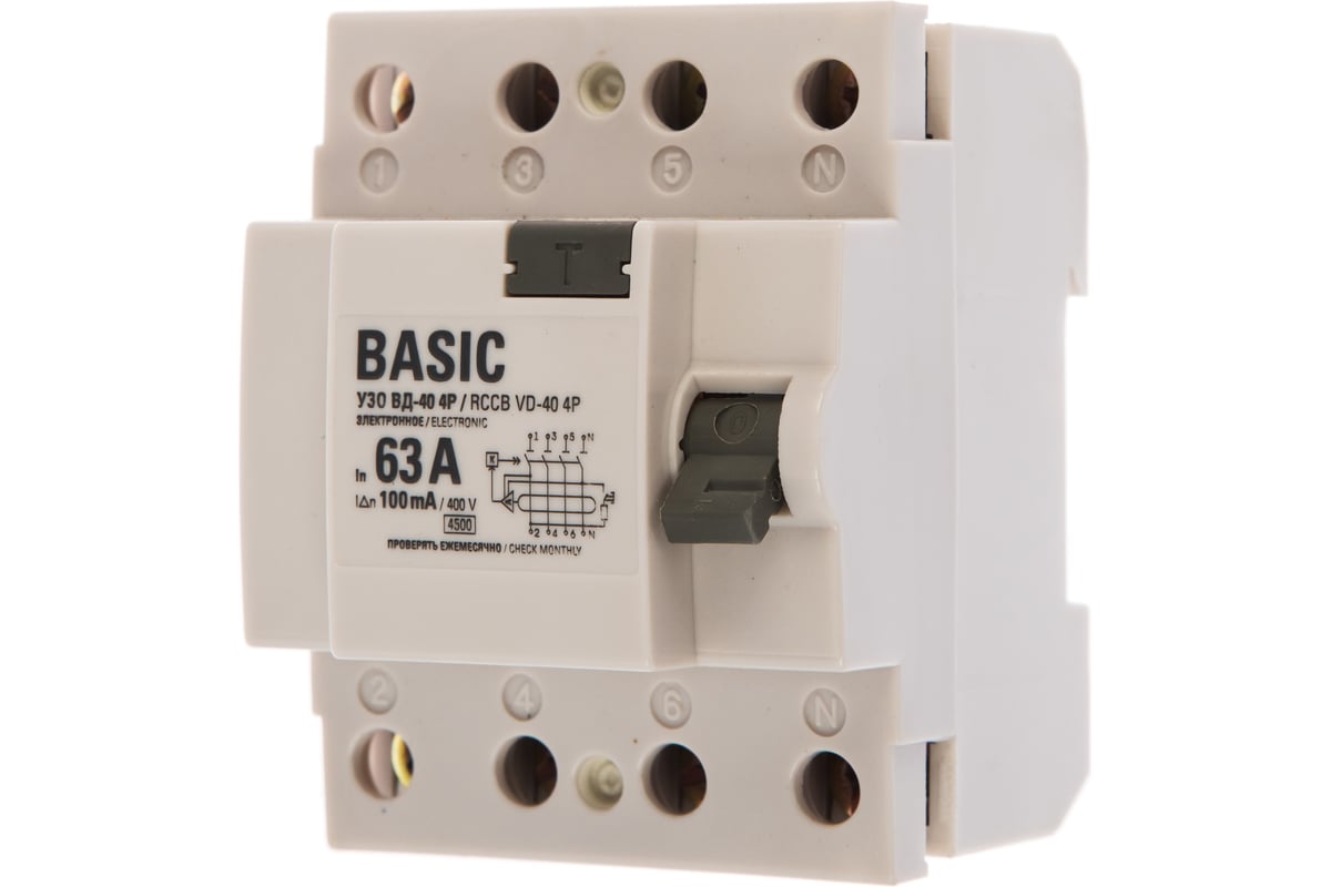 Устройство защитного отключения EKF ВД-40, 4P, 63А/100мА, электронное, Basic elcb-4-63-100e-sim ...