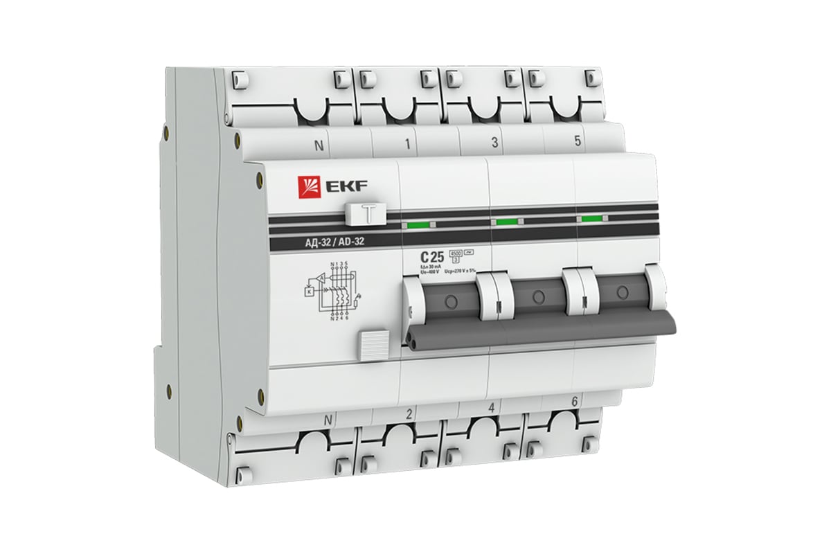Дифференциальный автомат EKF PROxima АД-32, 3P+N, 25А/30мА, характеристика C, AC, электронный ...
