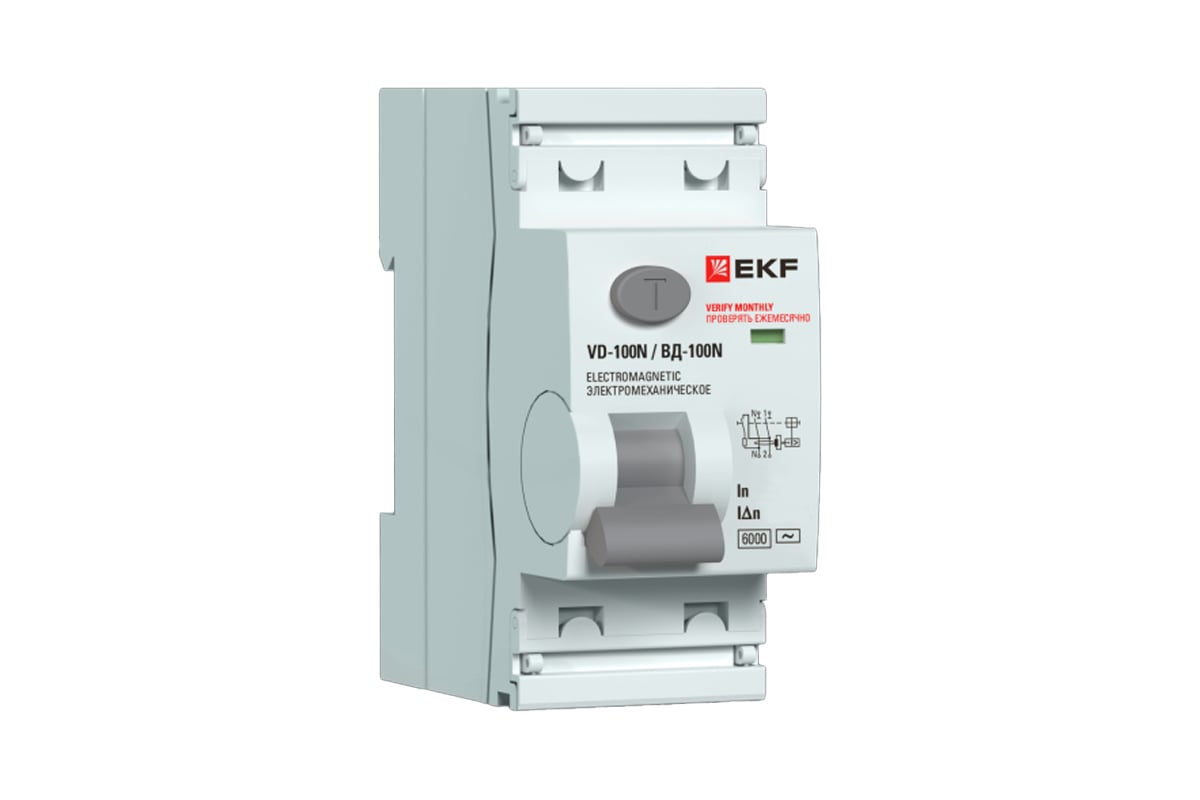 Выключатель дифференциального тока EKF ВД-100N 2P, 25А, 30мА, тип AC, электромеханический, 6кА ...
