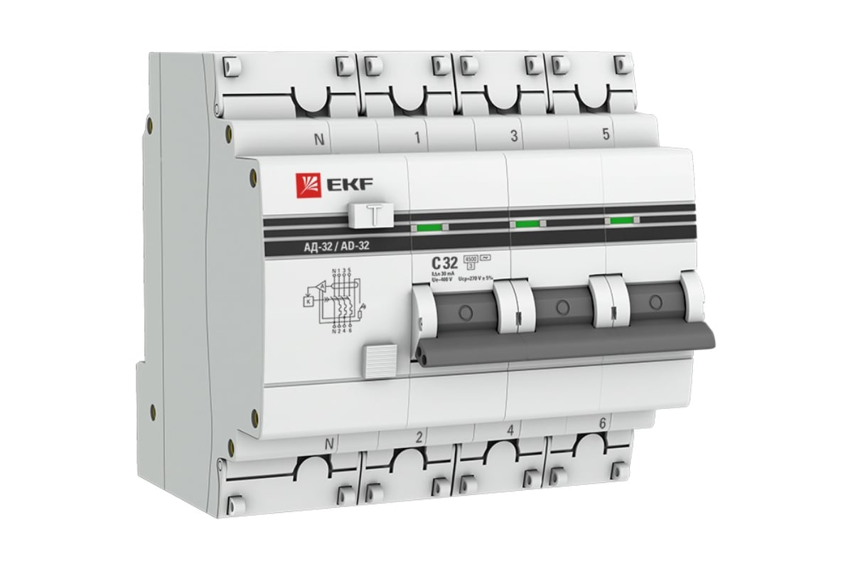 Дифференциальный автомат EKF АД-32 3P+N 32А/30мА 4,5кА PROxima DA32-32 ...