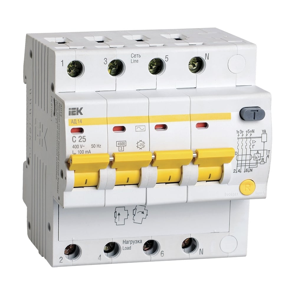 Дифференциальный автомат IEK АД14, 4Р, 25А, 100мА MAD10-4-025-C-100 ...