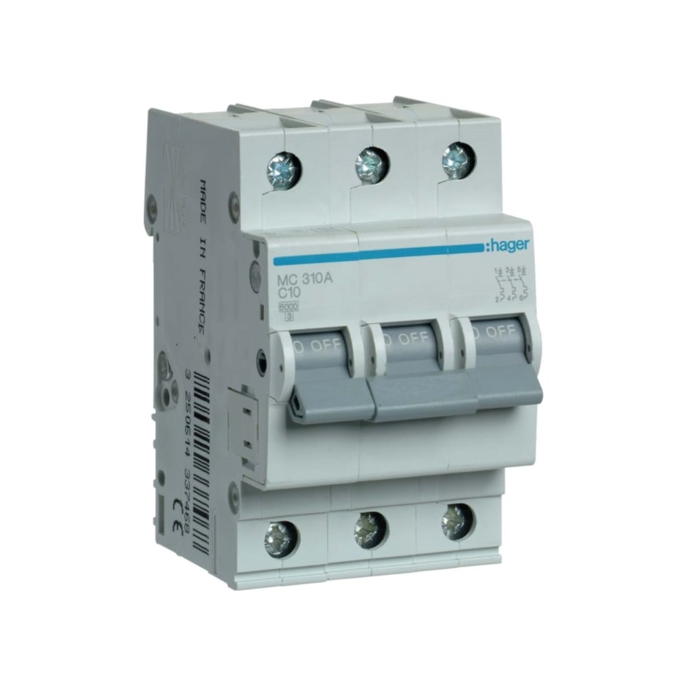 Автоматический выключатель Hager 3P 6kA C-10A 3M 2250414 - выгодная цена, отзывы, характеристики ...