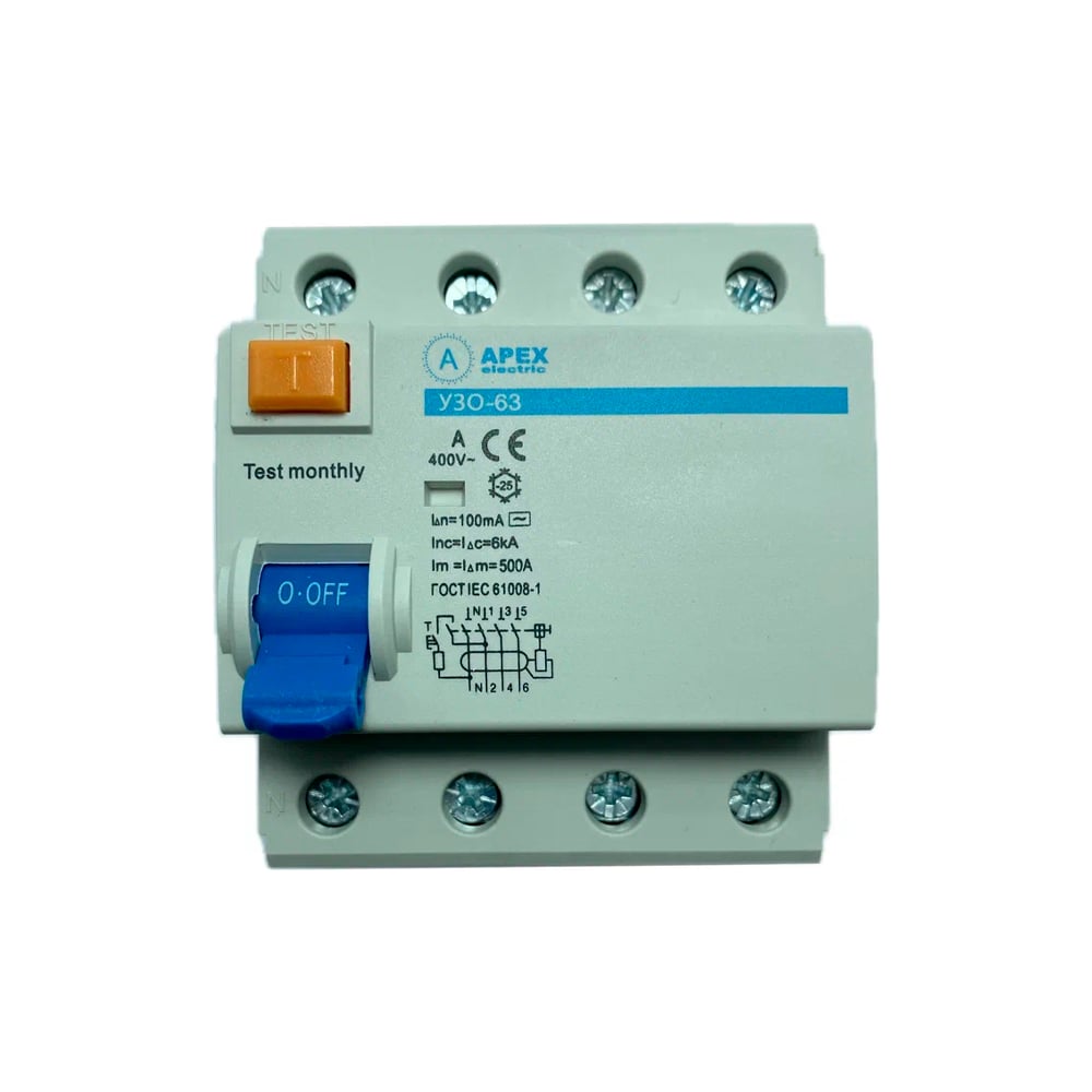Устройство защитного отключения APEX УЗО ВД-63 4P, 25А/100мА, электромеханическое, AC, 6кА PROFF ...