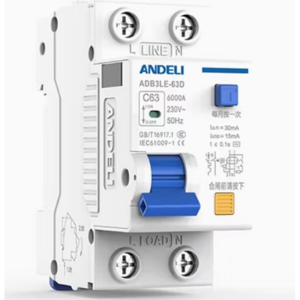 Дифференциальный автоматический выключатель ANDELI ADB3LE-63D 1P+N 32А ...