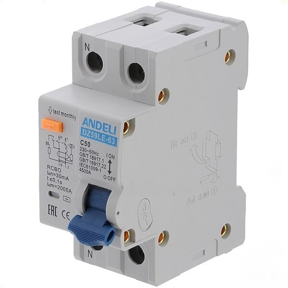Дифференциальный автоматический выключатель ANDELI DZ59LE-63 1P+N 50A 30mA тип С 4.5kA ADL02-057 ...