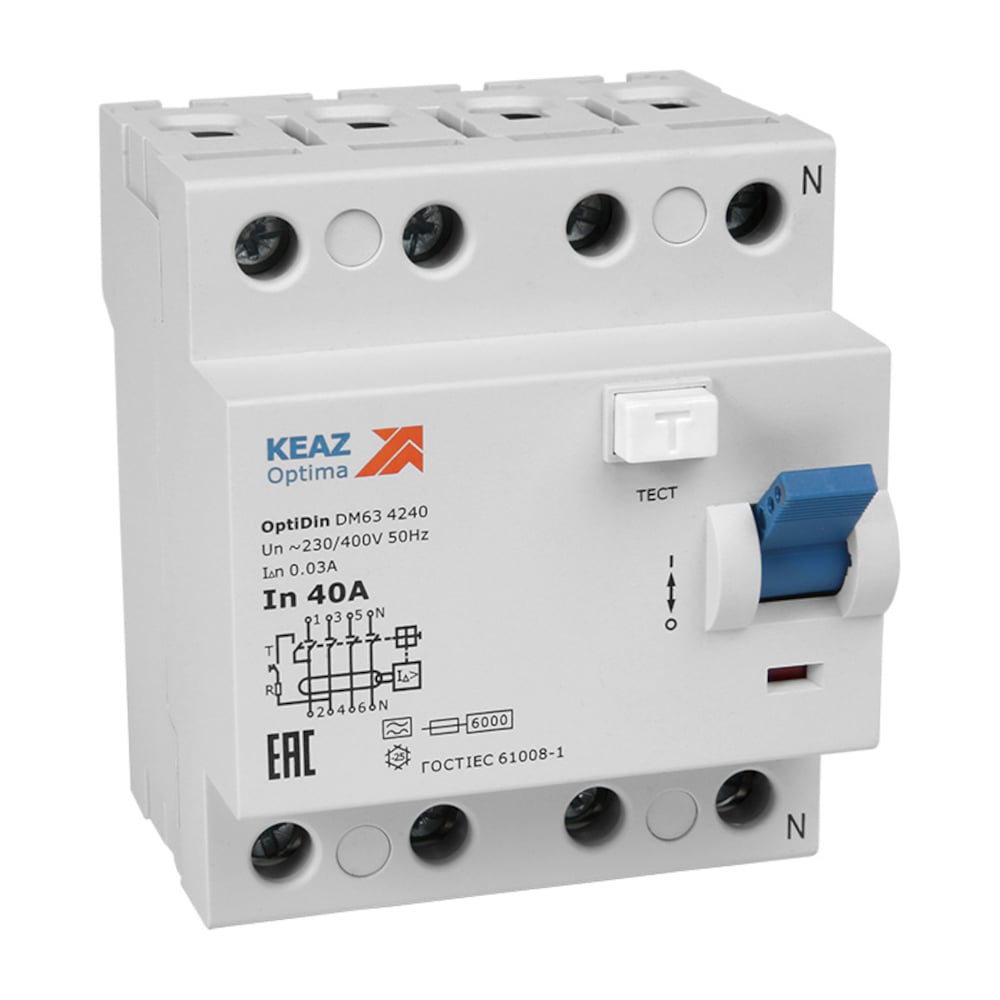 ВДТ КЭАЗ без защиты от сверхтоков OptiDin DM63-4140-AС-УХЛ4 (4P, 40, 10mA) 254210 - выгодная ...