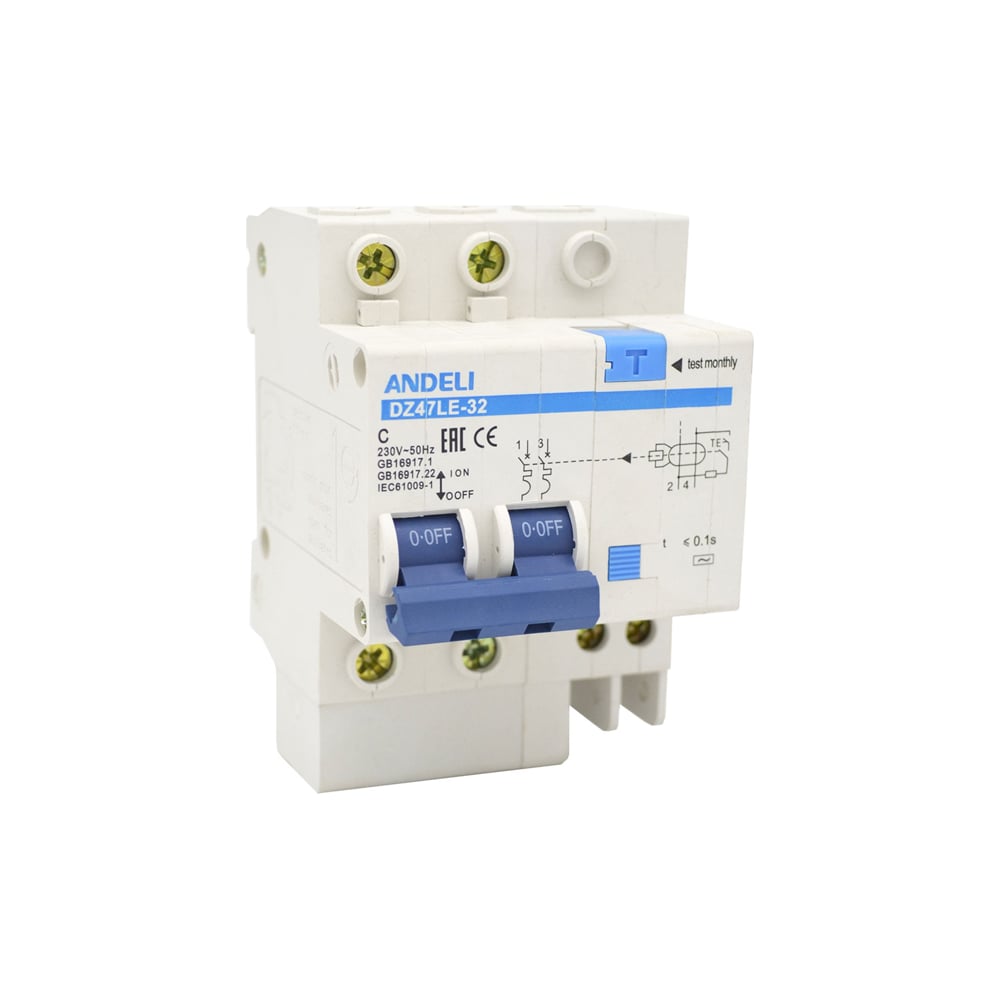 Дифференциальный автомат ANDELI DZ47LE-32 2P, 10A, 30mA, тип AC, характеристика С ADL02-001 ...