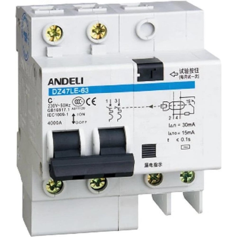 Дифференциальный автомат ANDELI DZ47LE-63 2P 50A 100mA тип AC характеристика С ADL02-047 ...