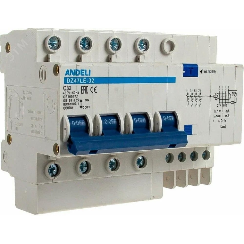 Дифференциальный автоматический выключатель ANDELI DZ47LE-32 4P 32A 100mA тип AC х-ка С ADL02 ...