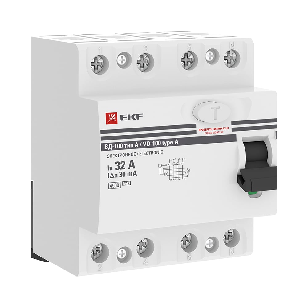 Устройство защитного отключения EKF ВД-100 4P 32А/30мА (эл-мех, тип А) PROxima elcb-4-32-30-em-a ...