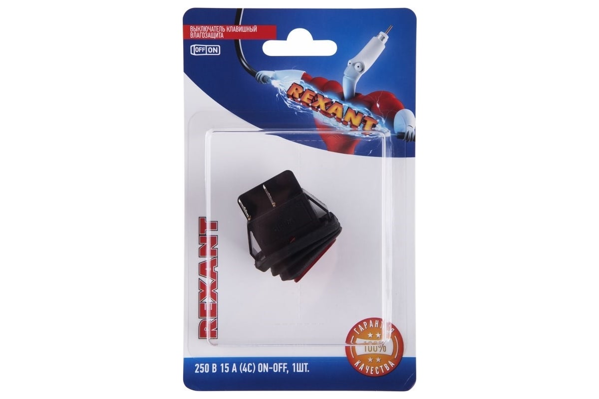 Клавишный выключатель REXANT 250v, 15а, (4с), on-off, красный, с подсветкой, влагозащита (rwb ...