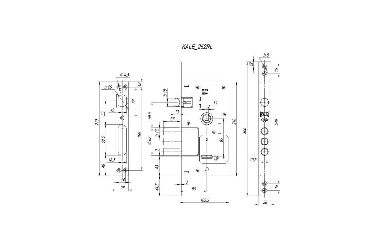 Врезной сувальдный замок KALE KILIT 252rl, 85bs60, 28cp, 5k (60 mm), sp ...