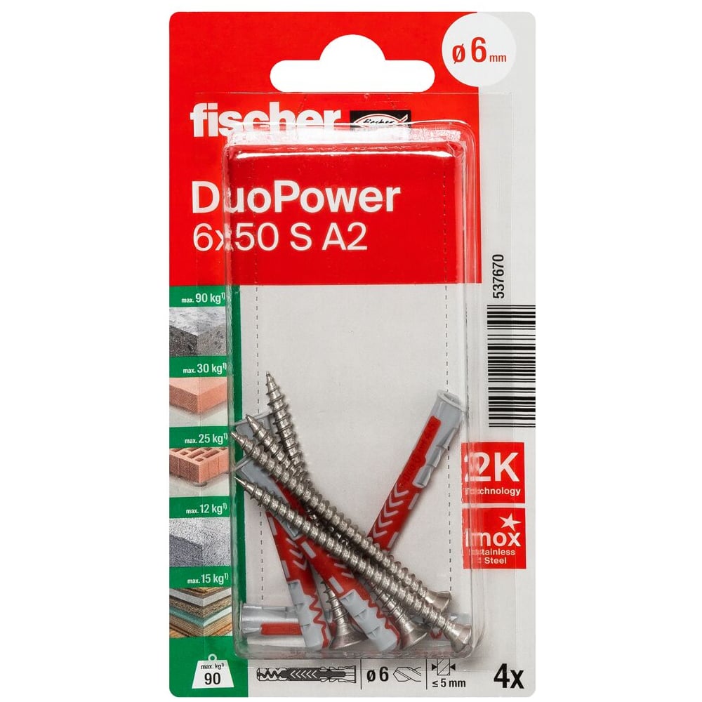 Дюбель Fischer DuoPower 6x50 с нерж.шурупом 4шт. 537670 - выгодная цена ...