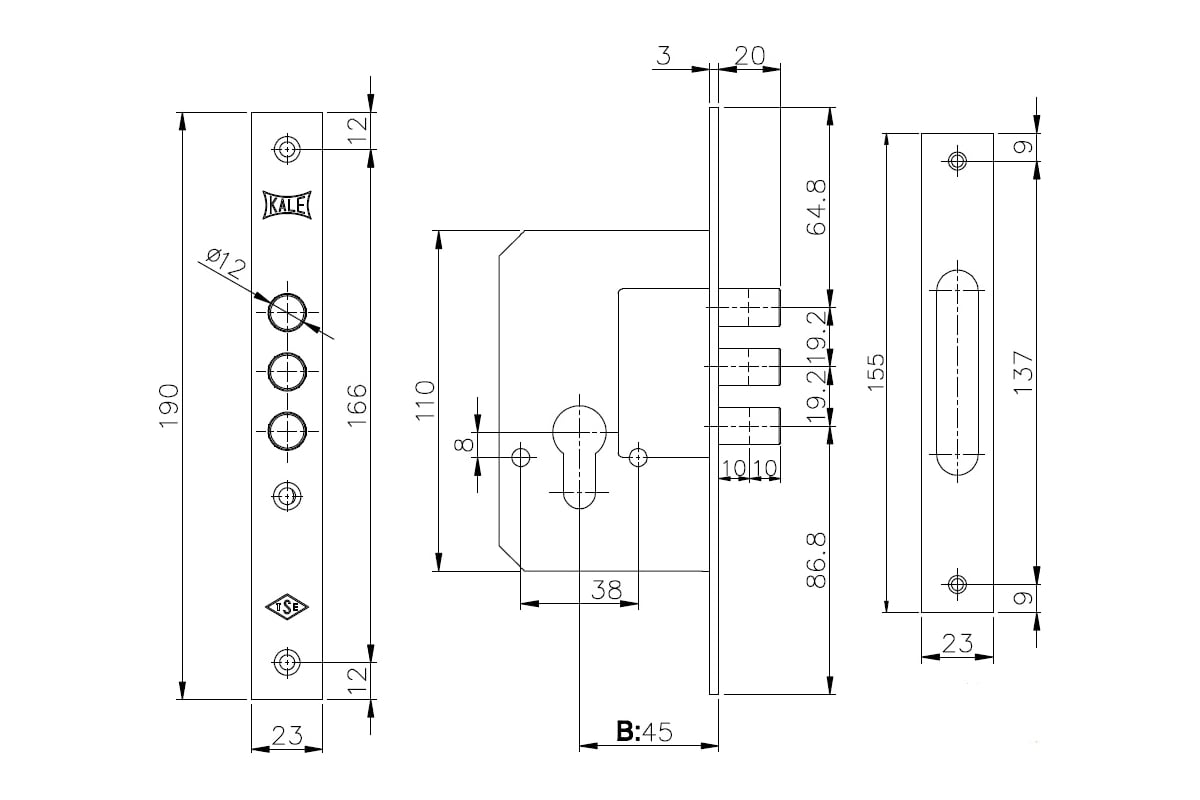 Корпус врезного замка KALE KILIT 189/3M (45 мм) w/b латунь 1085 ...