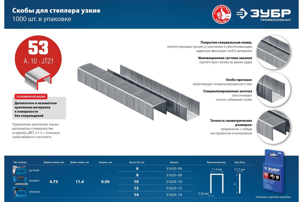 Узкие скобы для степлера ЗУБР Профессионал тип 53, 10 мм, 1000 шт 31620 ...