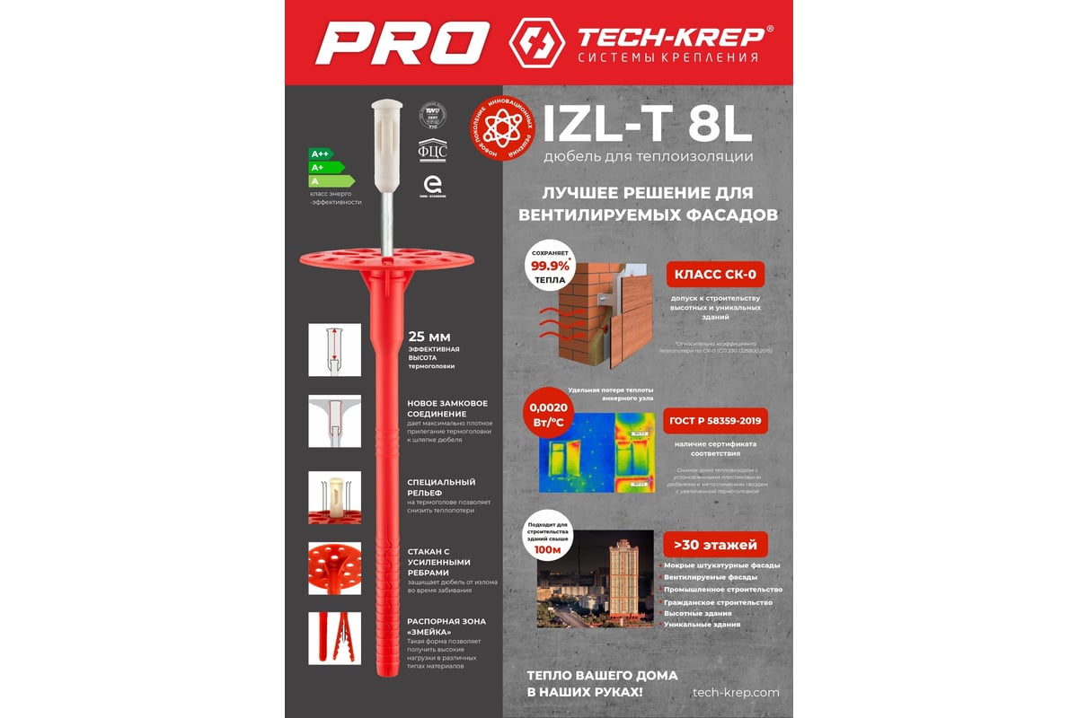 Дюбель с термоголовкой для теплоизоляции Tech-Krep PRO 8x150 мм, IZL-T L, 500 шт. накл. 155794 ...