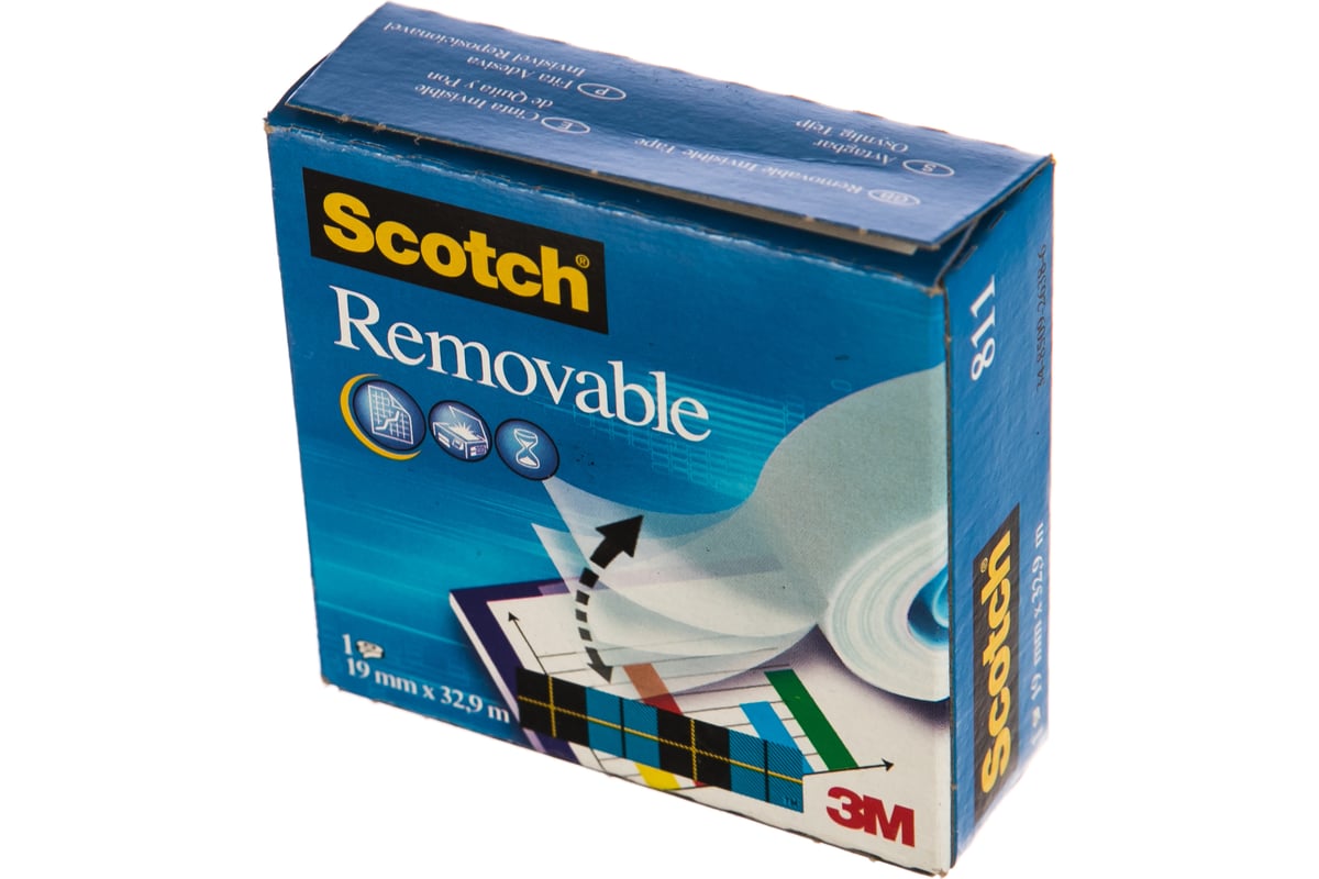 Невидимая клейкая лента Scotch 811 Removable в коробочке, допускающая ...