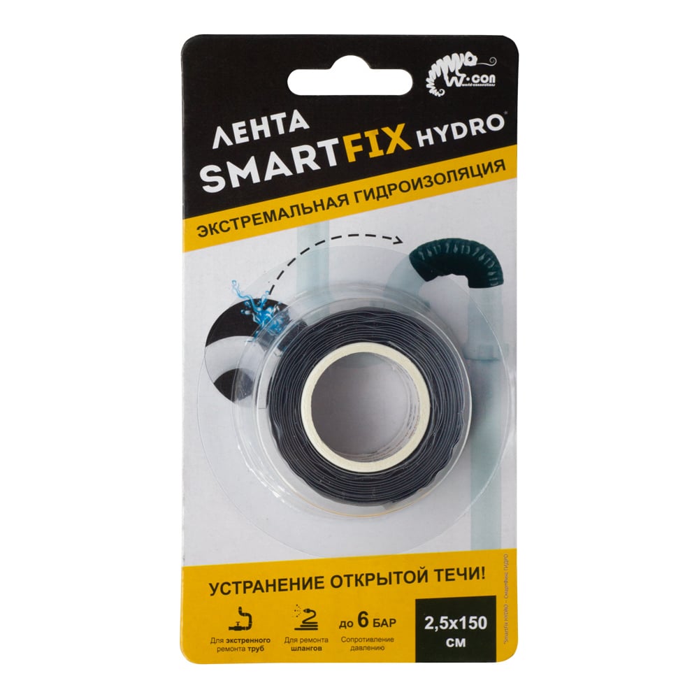 Лента силиконовая гидроизоляционная Smart Fix W-con SmartFix HYDRO 2,5*150 см, черная 120842 ...