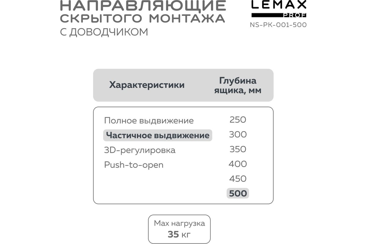 Направляющая скрытого монтажа Lemax prof частичное выдвижение, с регул. планкой, 500 мм NS-PK ...