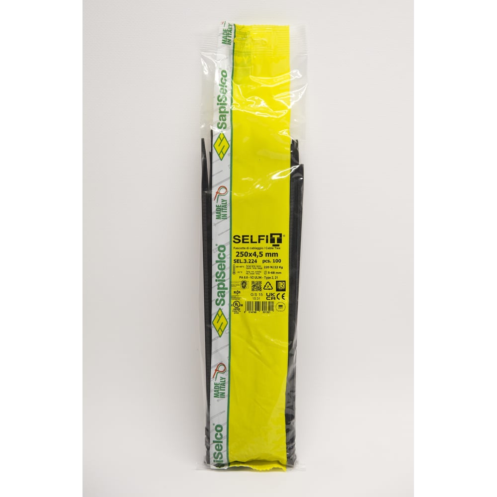 Стяжки черного цвета SapiSelco 4.5х250 мм, полиамид 6.6, уп. 100 шт. SEL.3.224R - выгодная цена ...