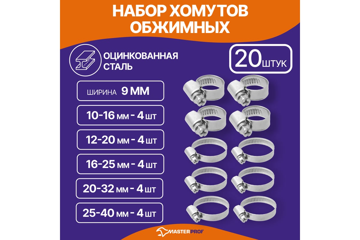 Набор обжимных червячных хомутов MasterProf 5 размеров: 10-16, 12-20, 16-25, 20-32, 25-40 мм ...