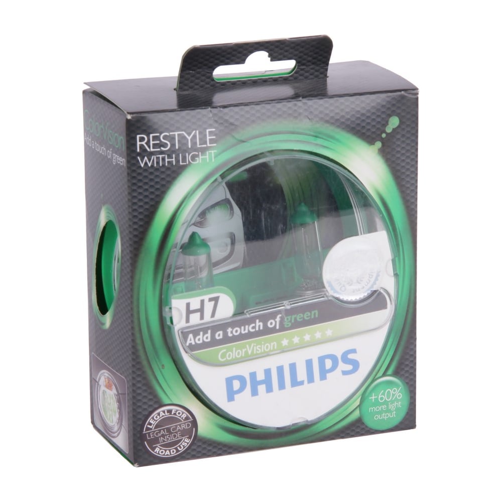 Автолампа PHILIPS H7 55 PX26d+60% COLOR VISION GREEN 3350K 2 шт. 12V, 1 ...