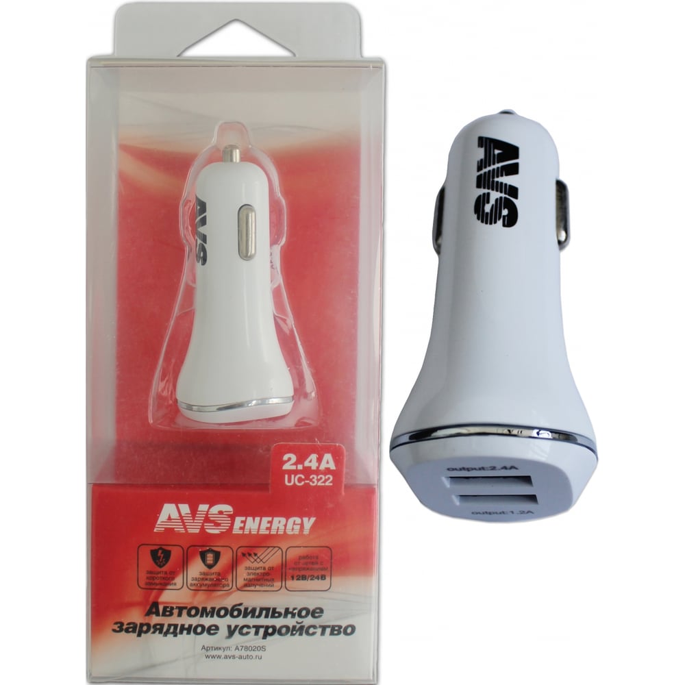USB автомобильное зарядное устройство AVS 2 порта UC-322 2,4 А A78020S - выгодная цена, отзывы ...