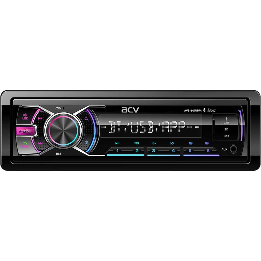 Автомагнитола ACV 1din, мультицвет, BT/2 USB/AUX/SD/FM/3RCA/SUB, 5 зон подсветки, 4х50 AVS ...