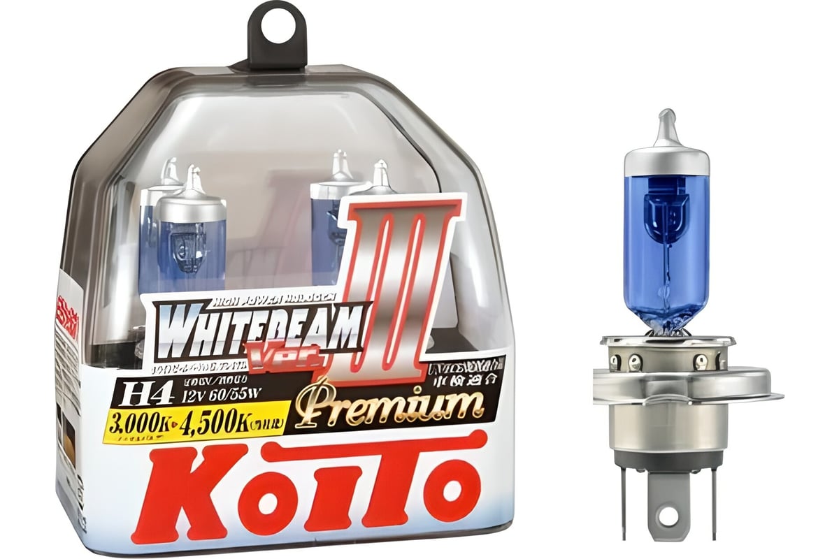 Высокотемпературная лампа KOITO Whitebeam Premium H4, 12 В, 60/55 Вт, 135/125 Вт, 4500 K, уп. 1 ...