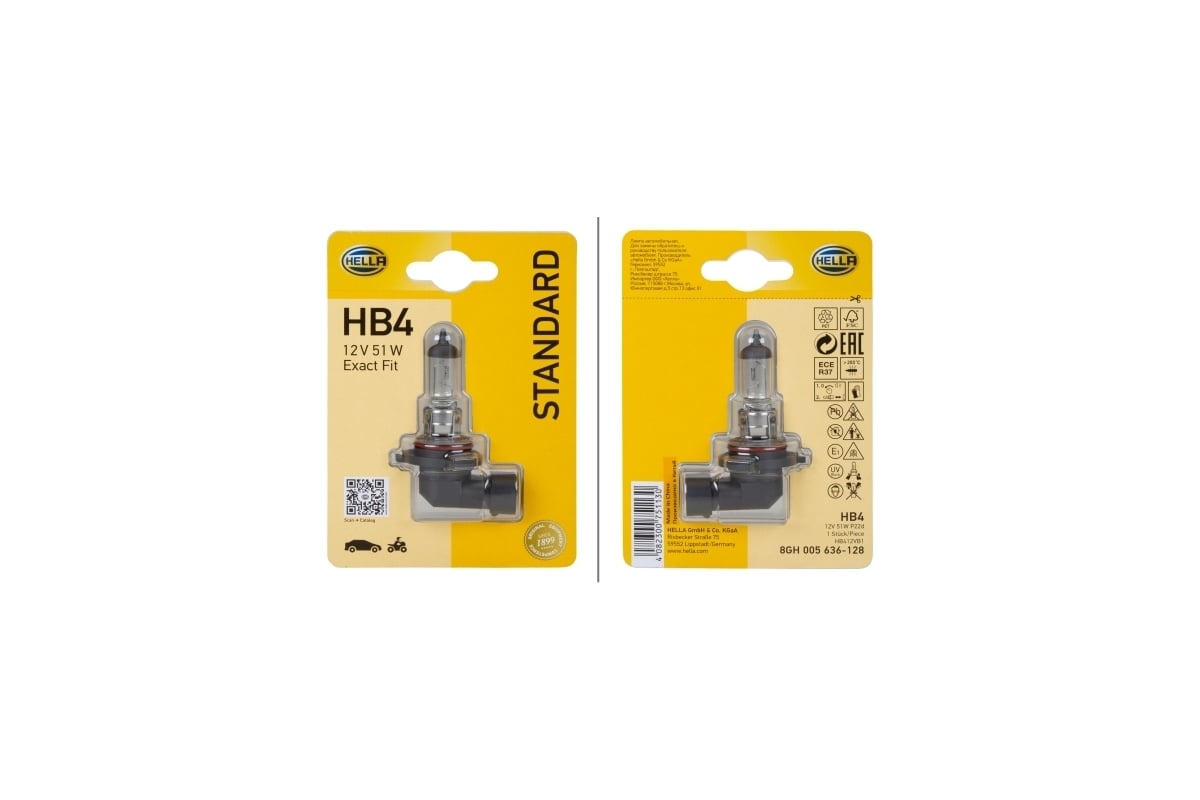 Лампа накаливания Hella, HB4 12V 51W P22d Standard, Блистер (x1) 8GH ...