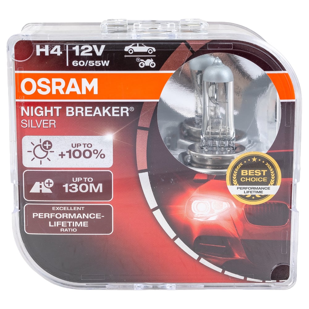 Автолампа, евробокс, 2шт. OSRAM H4 60/55 P43t+100% NIGHT BREAKER SILVER ...